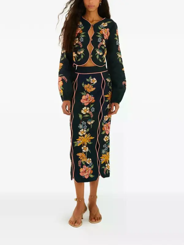Farm Rio Floral-embroidered Midi Skirt - Blue