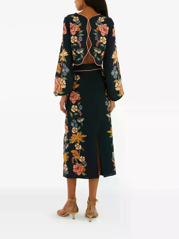Farm Rio Floral-embroidered Midi Skirt - Blue