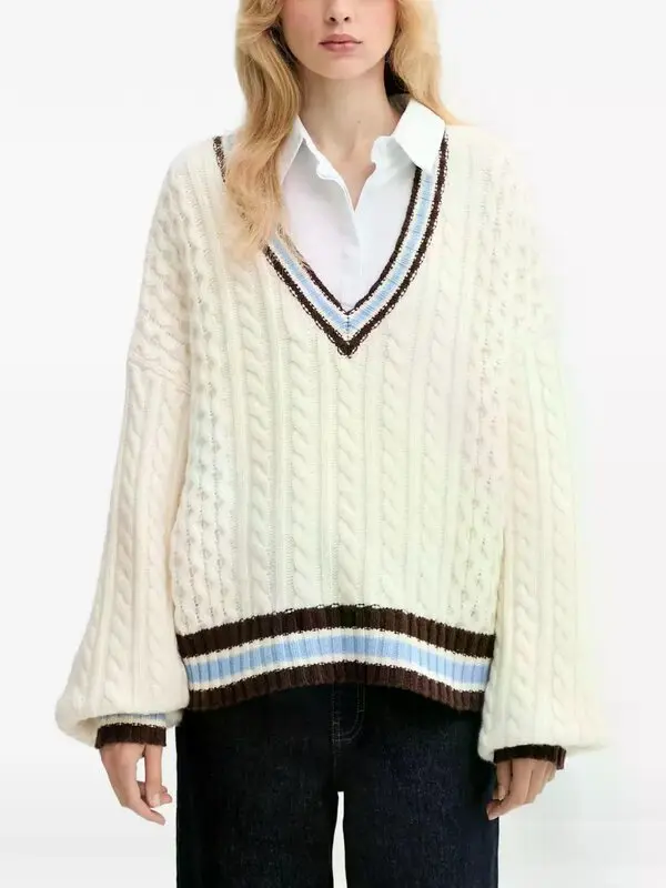 GESTUZ Cable-knit Striped V-neck Sweater
