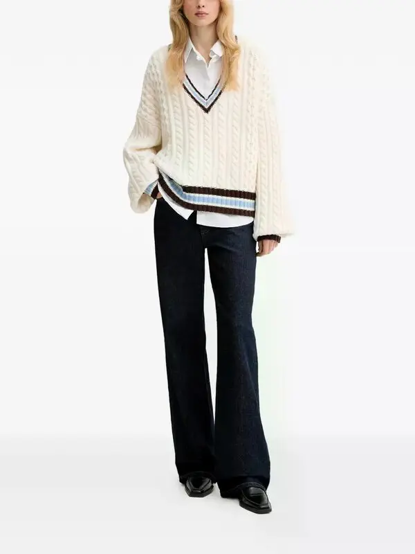 GESTUZ Cable-knit Striped V-neck Sweater
