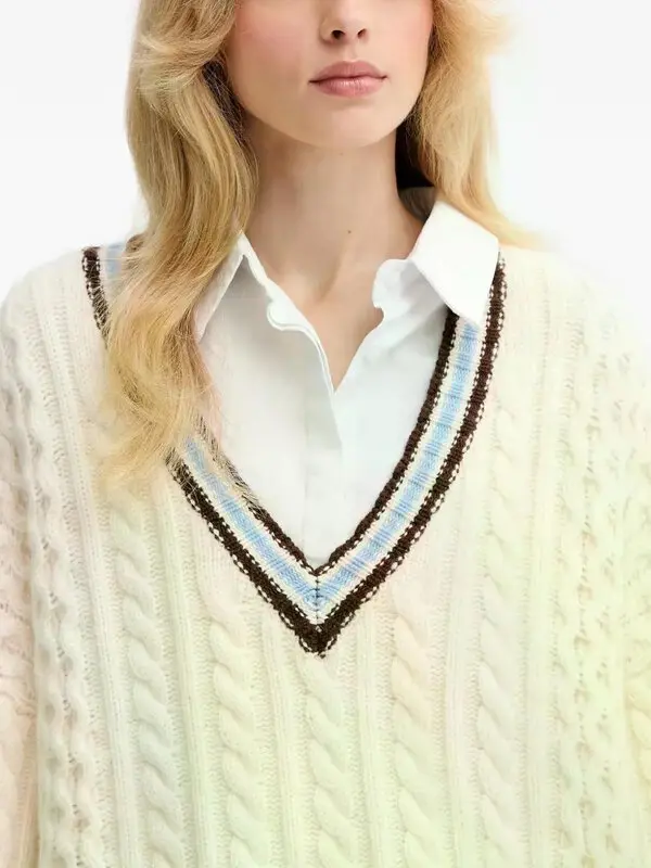 GESTUZ Cable-knit Striped V-neck Sweater