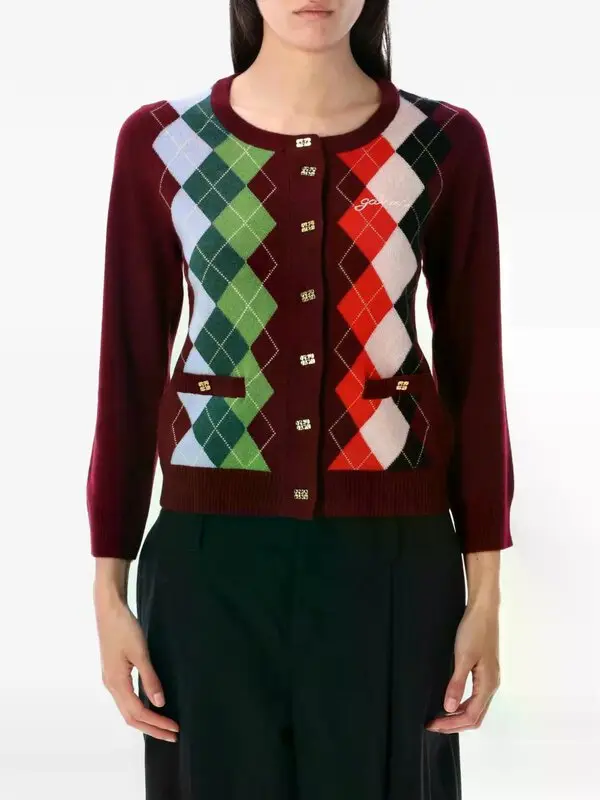 GANNI Argyle Knit Cardigan - Red