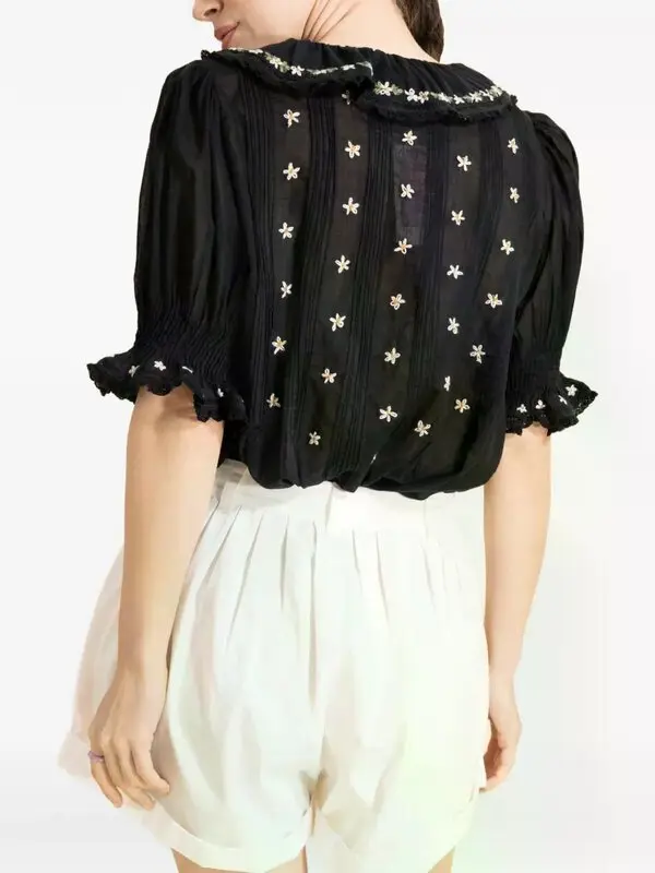 DÔEN Hettie Floral-embroidered Ruffled Blouse - Black