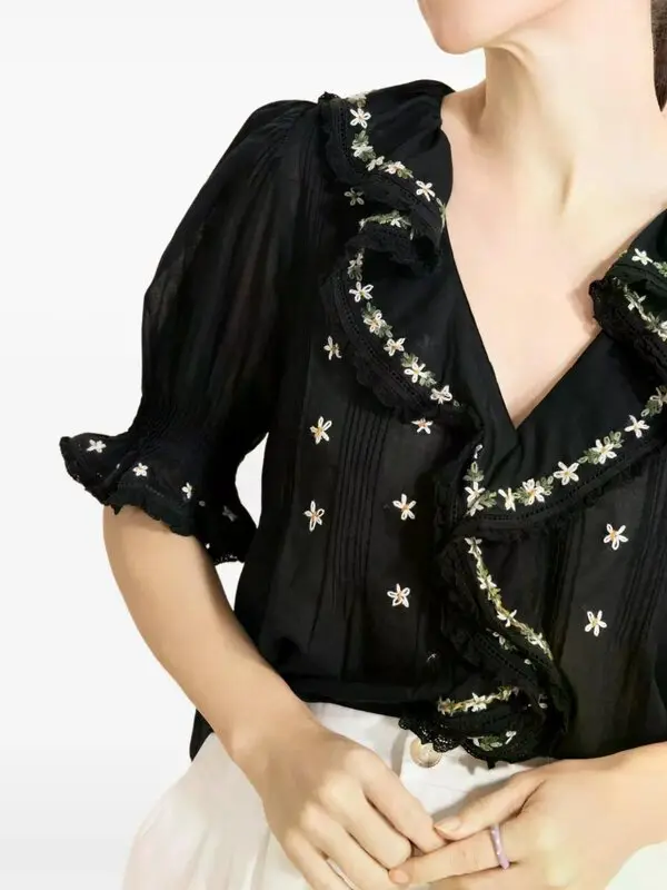 DÔEN Hettie Floral-embroidered Ruffled Blouse - Black