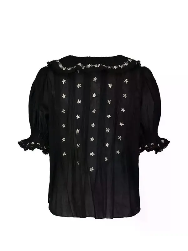 DÔEN Hettie Floral-embroidered Ruffled Blouse - Black