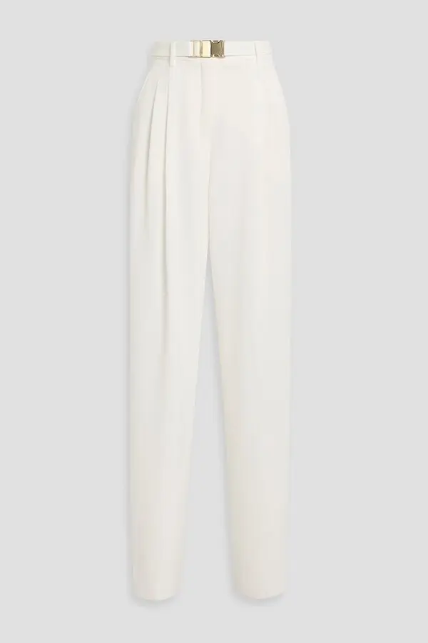 Max Mara Belted Pleated Crepe Tapered Pants - White