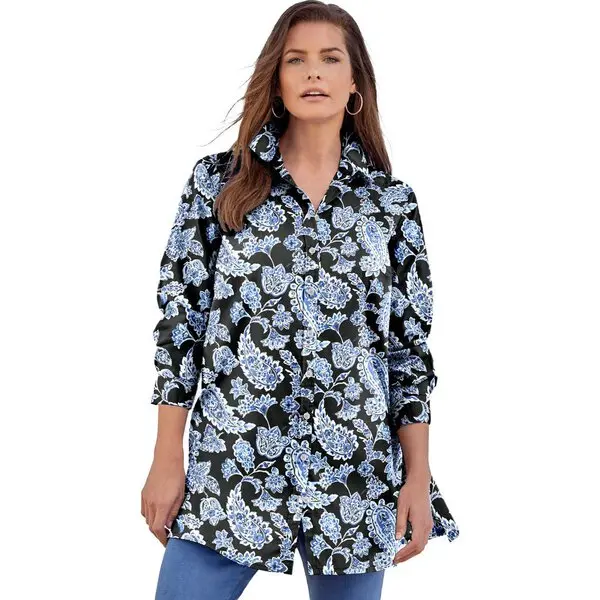 ROAMAN'S Kate Long-sleeve Cotton-blend Button-front Tunic - Black Blue Paisley