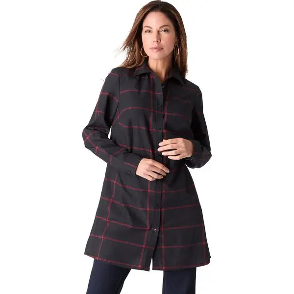 ROAMAN'S Kate Long-sleeve Cotton-blend Button-front Tunic - Black Windowpane
