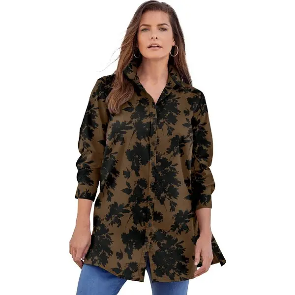 ROAMAN'S Kate Long-sleeve Cotton-blend Button-front Tunic - Brown Black Silhouette
