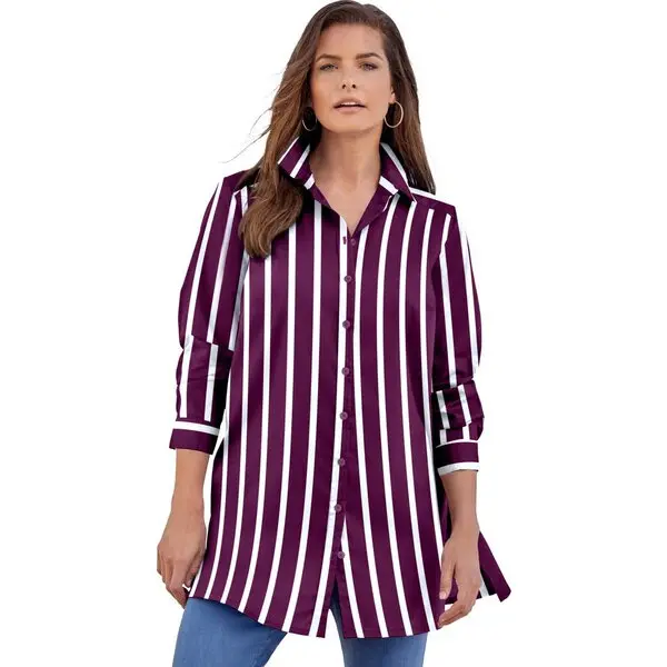 ROAMAN'S Kate Long-sleeve Cotton-blend Button-front Tunic - Dark Berry Stripe