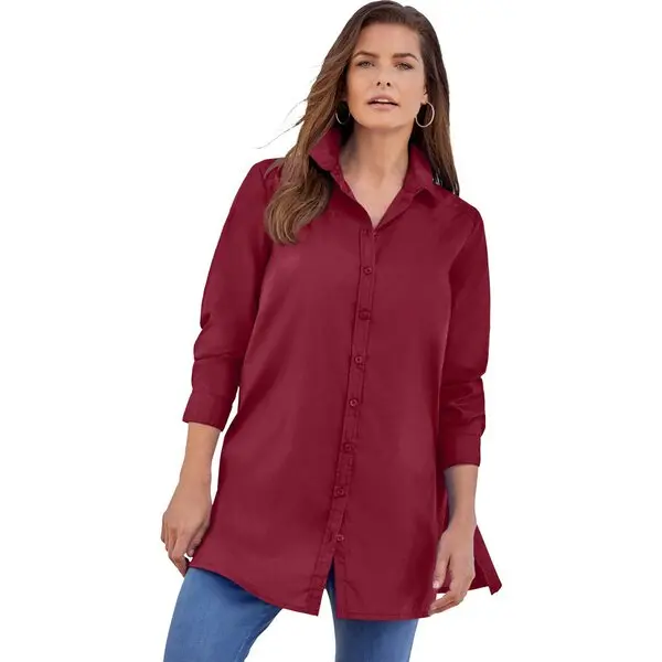 Roaman's Kate Long Sleeve Crisp Cotton Blend Button Front Tunic - Dark Cherry