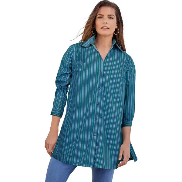 ROAMAN'S Kate Long-sleeve Cotton-blend Button-front Tunic - Deep Teal Multi Stripe
