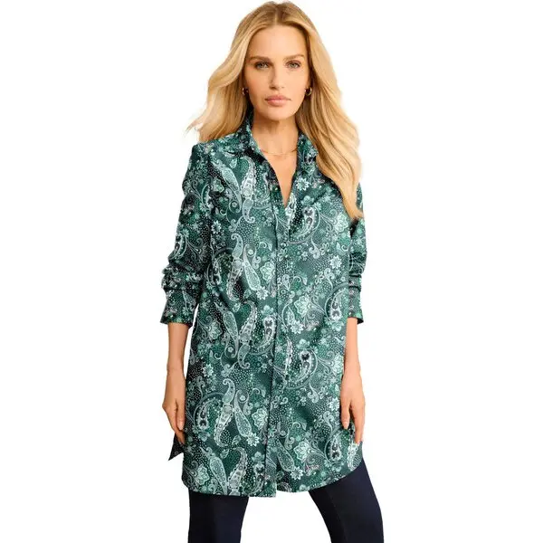 ROAMAN'S Kate Long-sleeve Cotton-blend Button-front Tunic - Emerald Fine Paisley