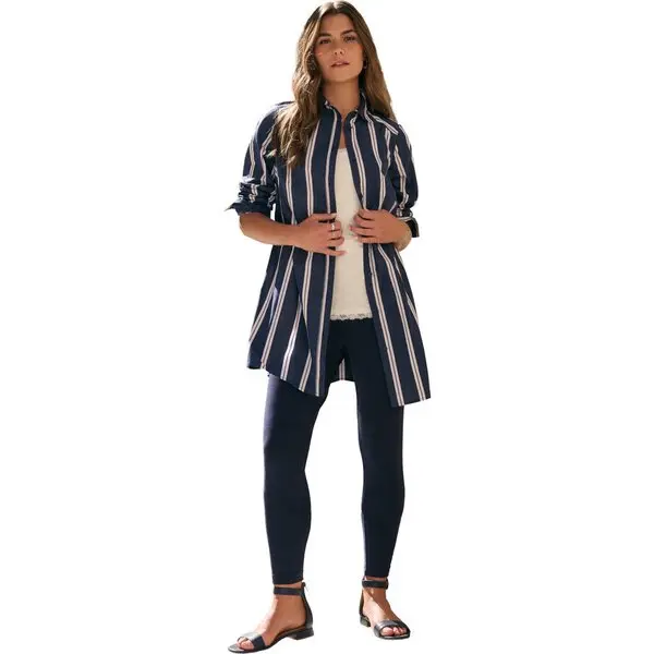 ROAMAN'S Kate Long-sleeve Cotton-blend Button-front Tunic - Navy Ivory Stripes