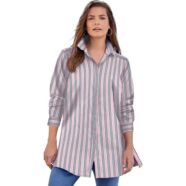 ROAMAN'S Kate Long-sleeve Cotton-blend Button-front Tunic - Pink Multi Stripe
