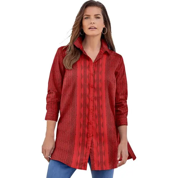 ROAMAN'S Kate Long-sleeve Cotton-blend Button-front Tunic - Red Black Stripe
