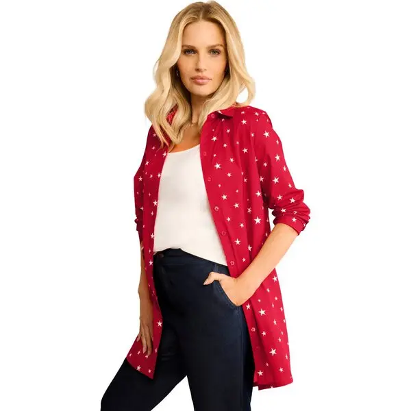 ROAMAN'S Kate Long-sleeve Cotton-blend Button-front Tunic - Vivid Red Stars