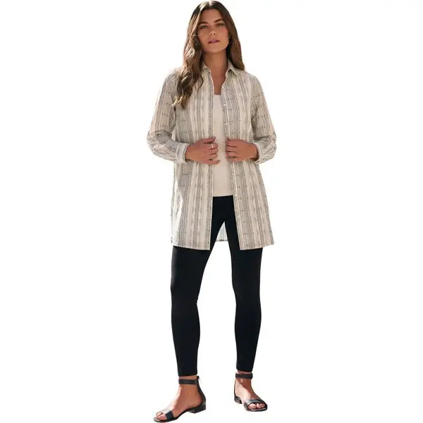 ROAMAN'S Kate Long-sleeve Cotton-blend Button-front Tunic - White Black Stripe