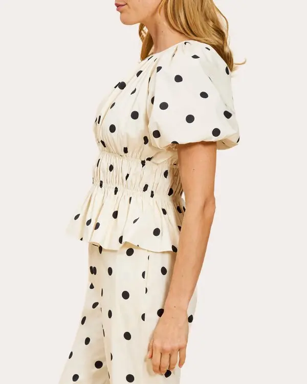 Mestiza New York Polka Dot Poplin Shirred Peplum Top