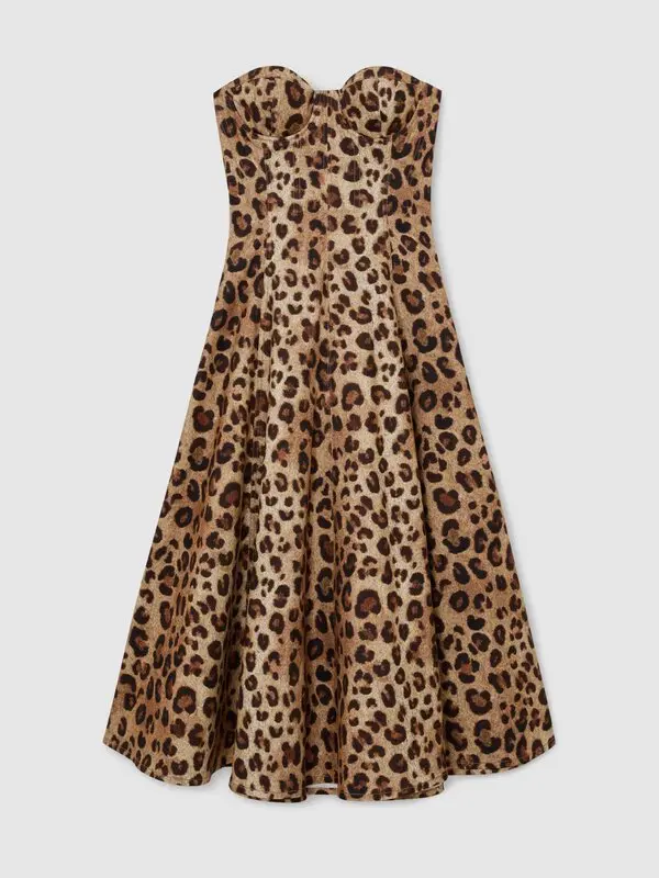 REISS Ramona Strapless Leopard-print Corset Midi Dress