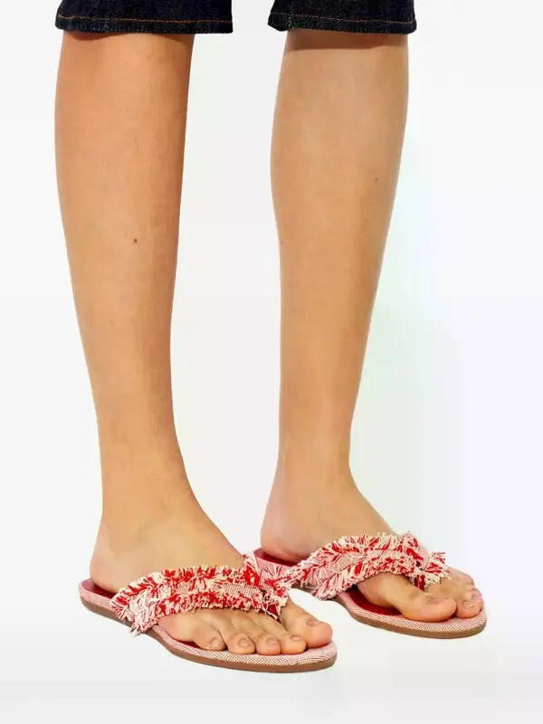 JIMMY CHOO Bay Flat Frayed Canvas Mule Sandals - Red