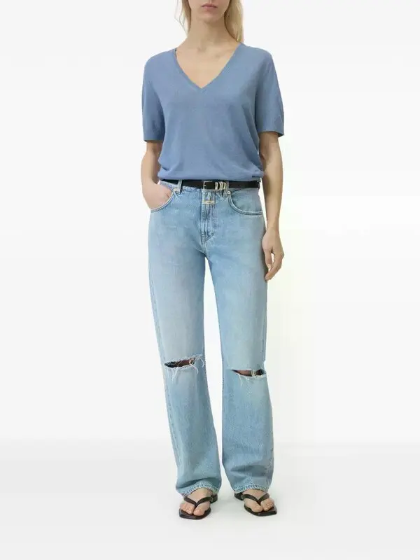 Closed V-neck Short-sleeve Knitwear - Blue