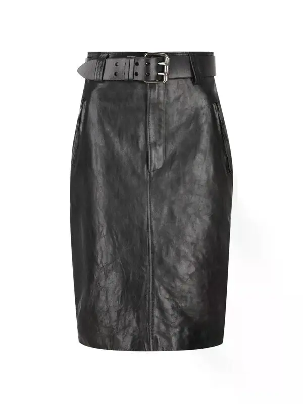 Saint Laurent Belted Leather Midi Skirt - Black