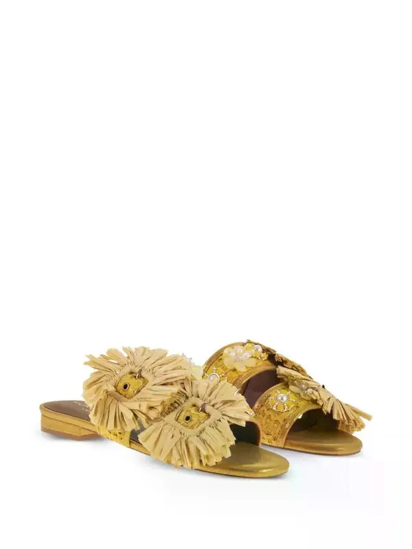Kurt Geiger Raffia Fringe Floral Embellished Sandals - Neutrals