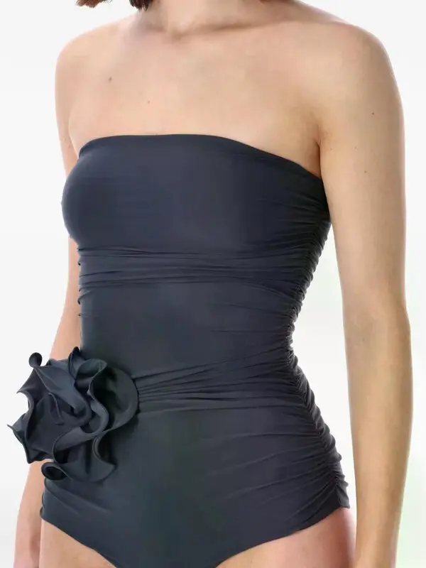 Magda Butrym Strapless Ruched Swimsuit With Floral Appliqu