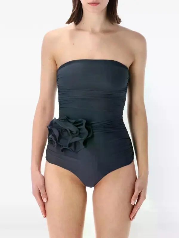 Magda Butrym Strapless Ruched Swimsuit With Floral Appliqu