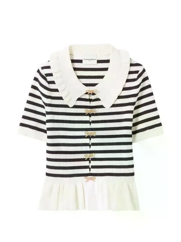 Claudie Pierlot Striped Ruffled Sweater With Peter Pan Collar - Neutrals