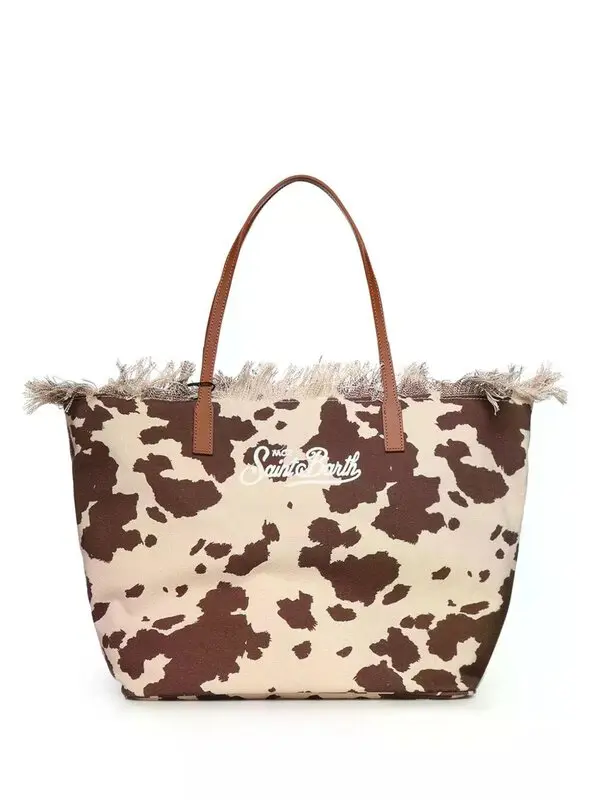 MC2 SAINT BARTH Cow-print Cotton Tote Bag With Fringed Details - Neutrals