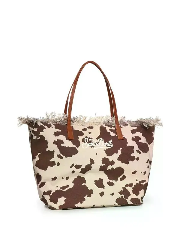 MC2 SAINT BARTH Cow-print Cotton Tote Bag With Fringed Details - Neutrals