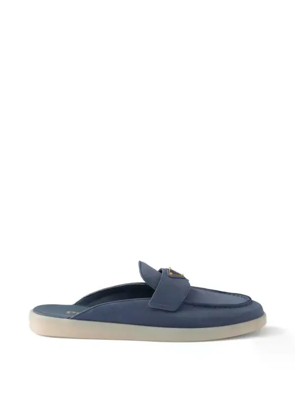 Prada Nubuck Leather Mules With Enameled Triangle Logo