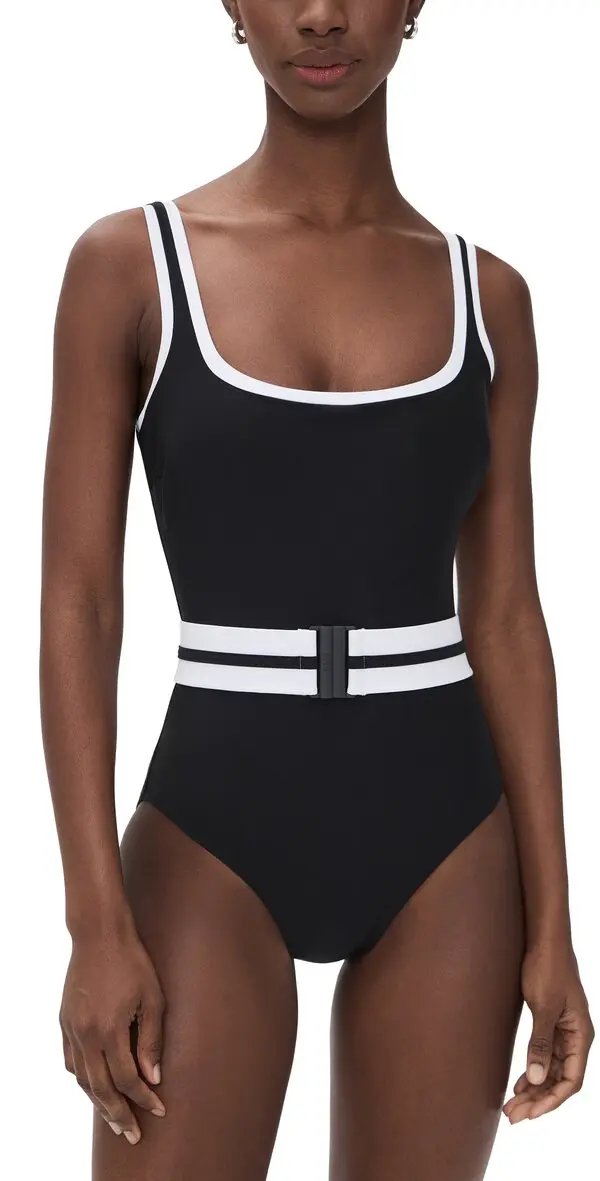 STYLEST Dreamsculpt Piped Square Neck One Piece Swimsuit - Caviar/blanc