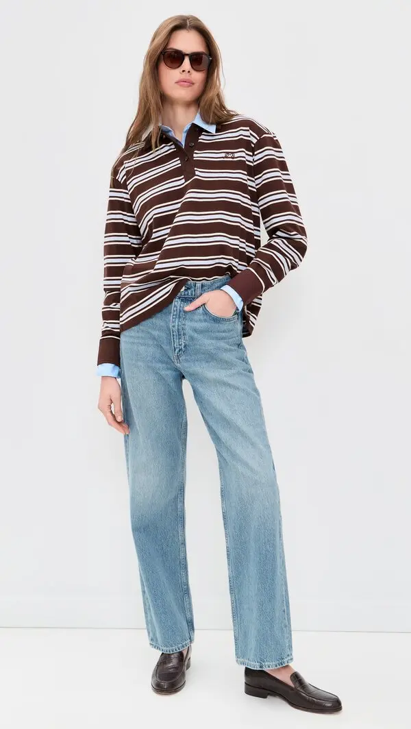 Rag & Bone Striped Long Sleeve Polo Shirt - Brwmt