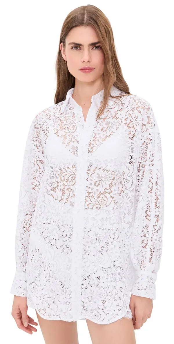 STYLEST Floral Lace Long Sleeve Shirt - Blanc Floral Lace