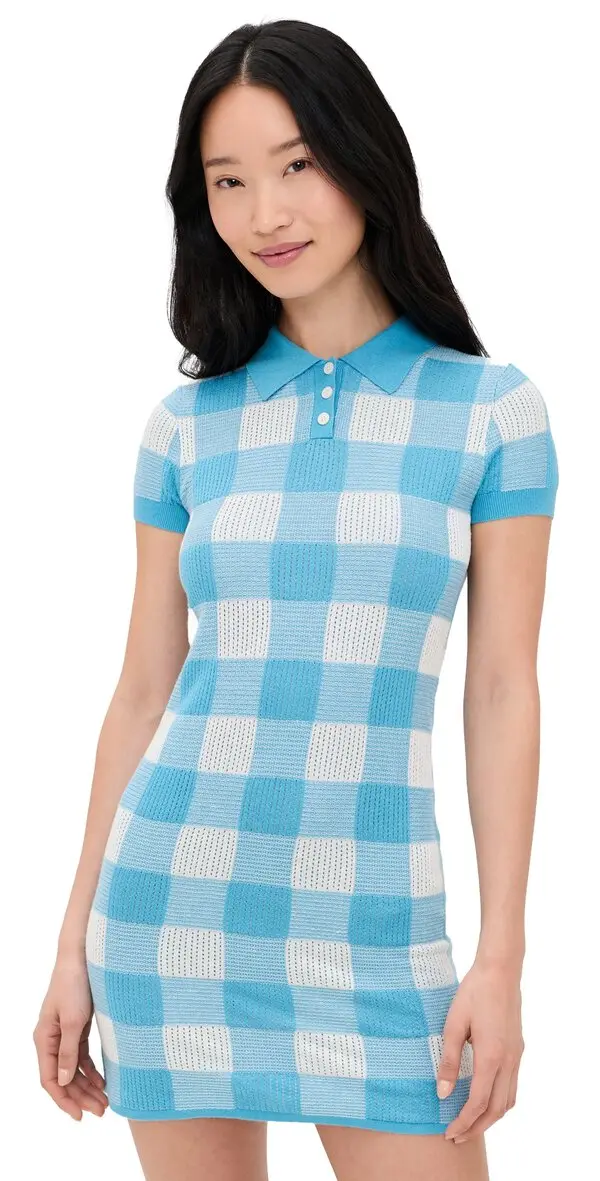 Guest In Residence Gingham Polo Dress - Swimming Pool/cream