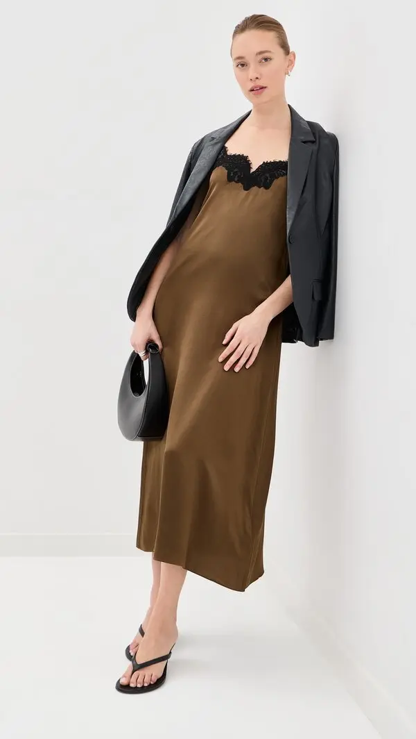 Co Silk Midi Dress With Lace Trim