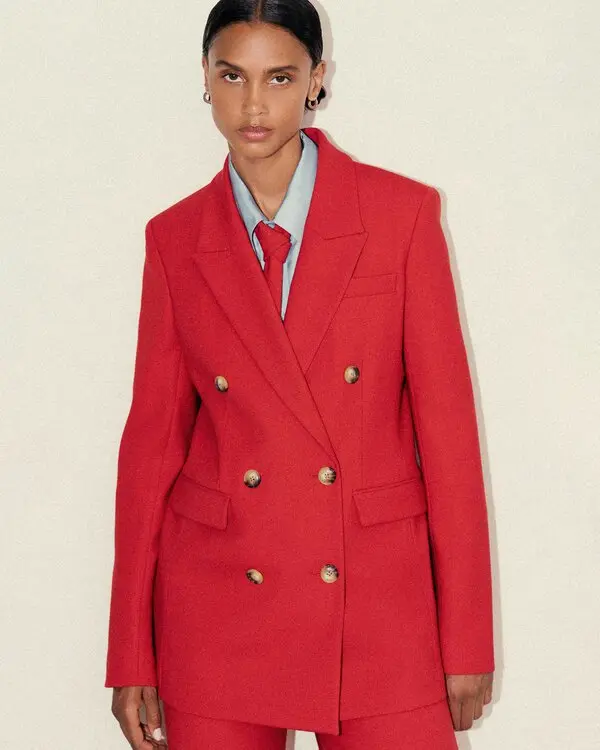 ARGENT Heavy Wool Twill Belted Double-breasted Blazer - Red