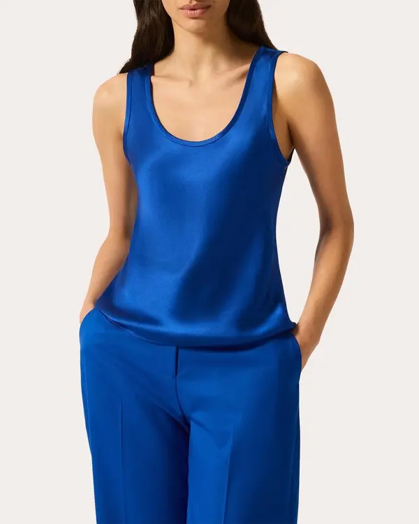 ARGENT Silk Charmeuse Scoop Neck Tank Top - Blue
