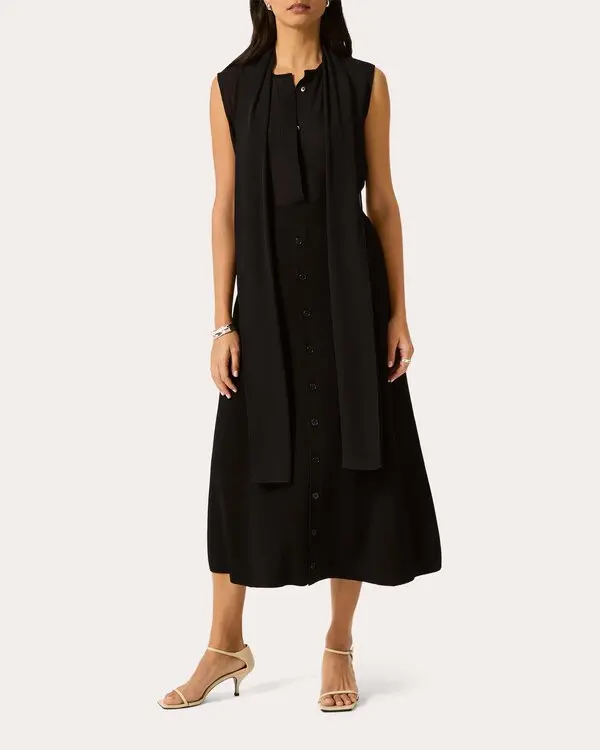 ARGENT Silk Georgette Sleeveless Bow Blouse - Black