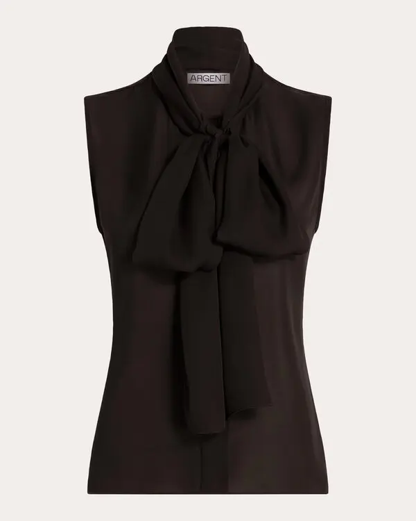 ARGENT Silk Georgette Sleeveless Bow Blouse - Black