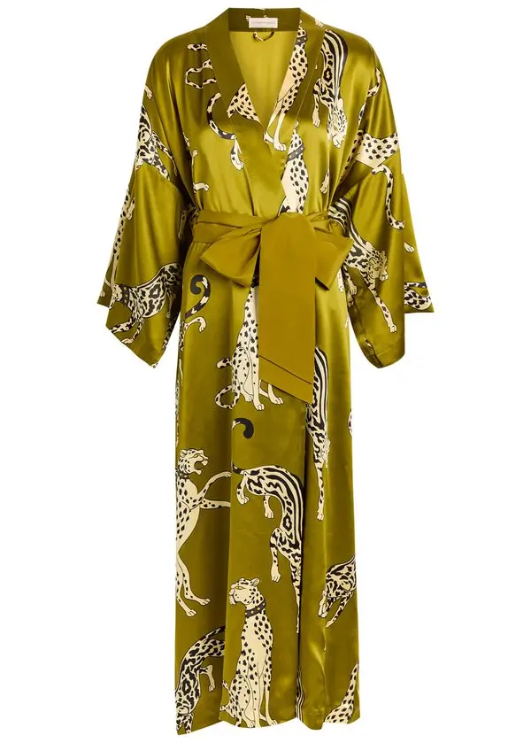 Olivia Von Halle Queenie Printed Silk Robe - Olive