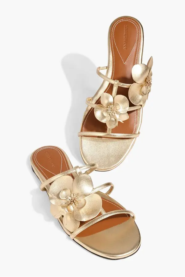 Zimmermann Floral Appliquéd Metallic Leather Sandals - Gold