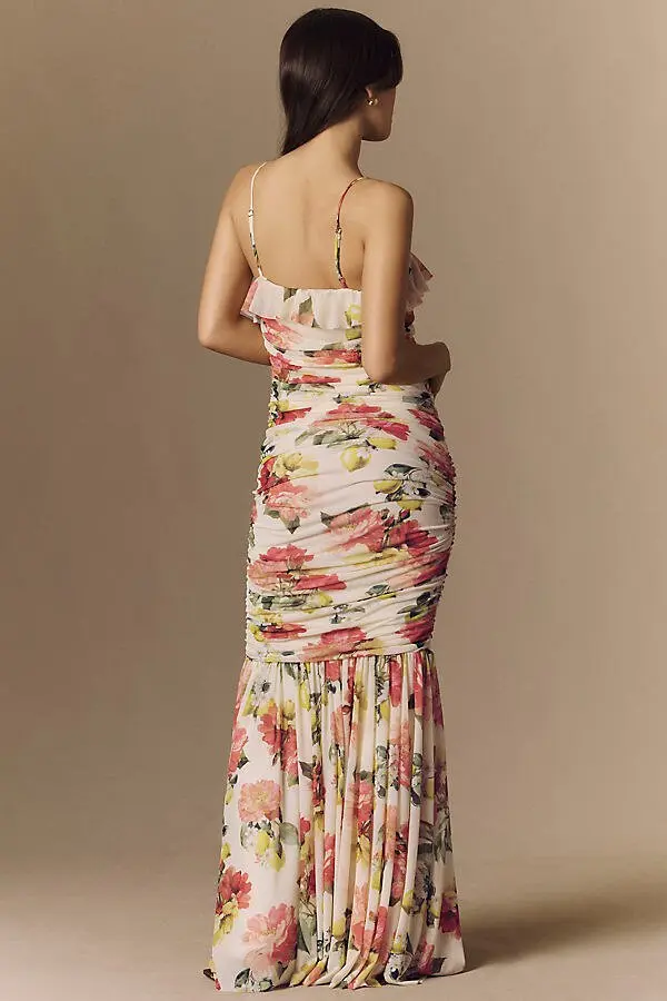 Bhldn Floral Mesh Stretch Maxi Dress - Yellow Pattern