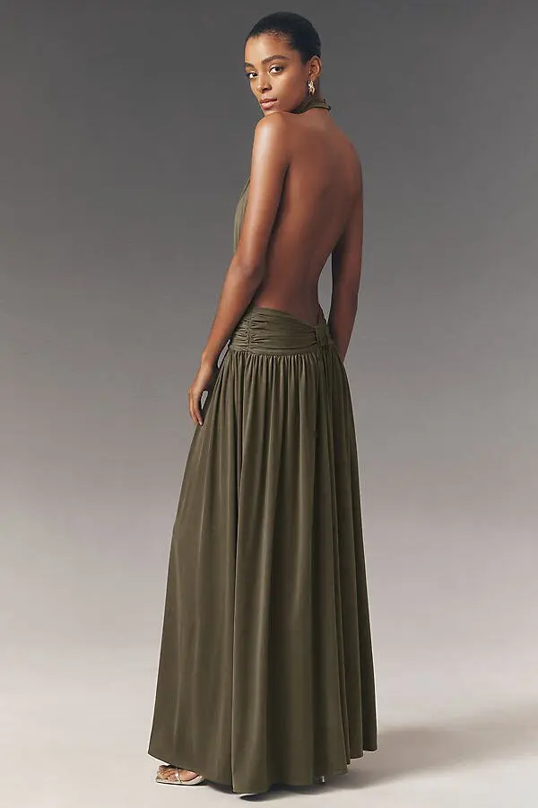 Arcina Ori Satina Draped Halter Open-back Maxi Dress