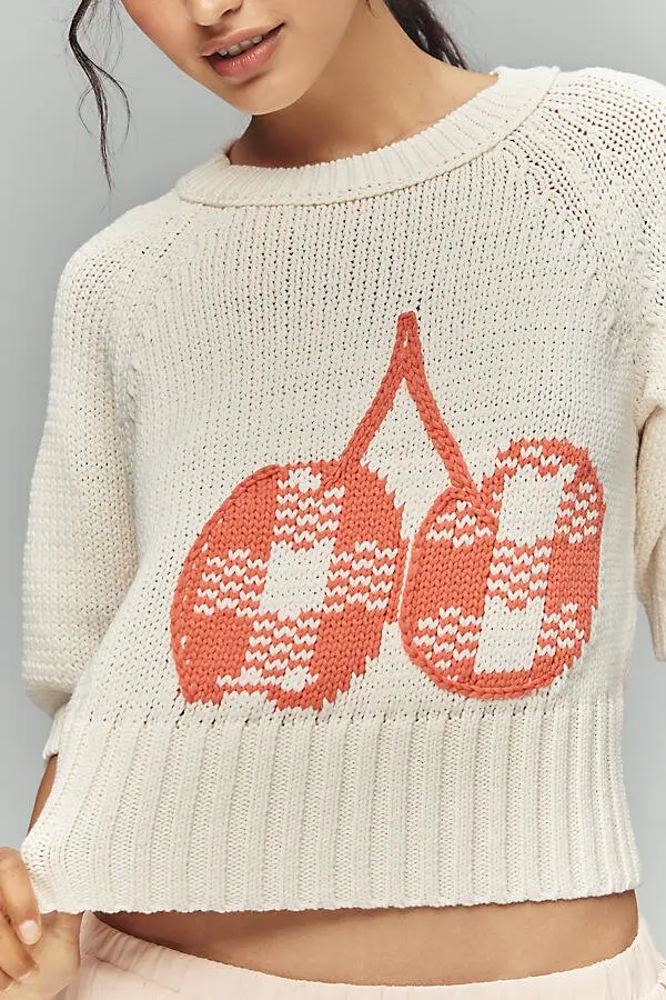 Maeve Elbow-sleeve Cotton-blend Crew Pullover - Gingham Cherries