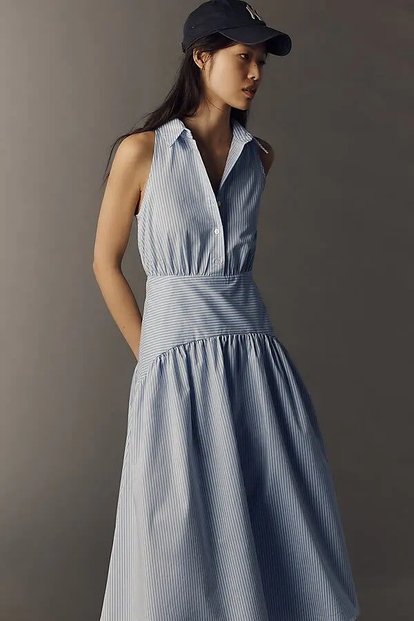 EXQUISE Tobie Drop-waist Midi Shirt Dress - Blue Stripe