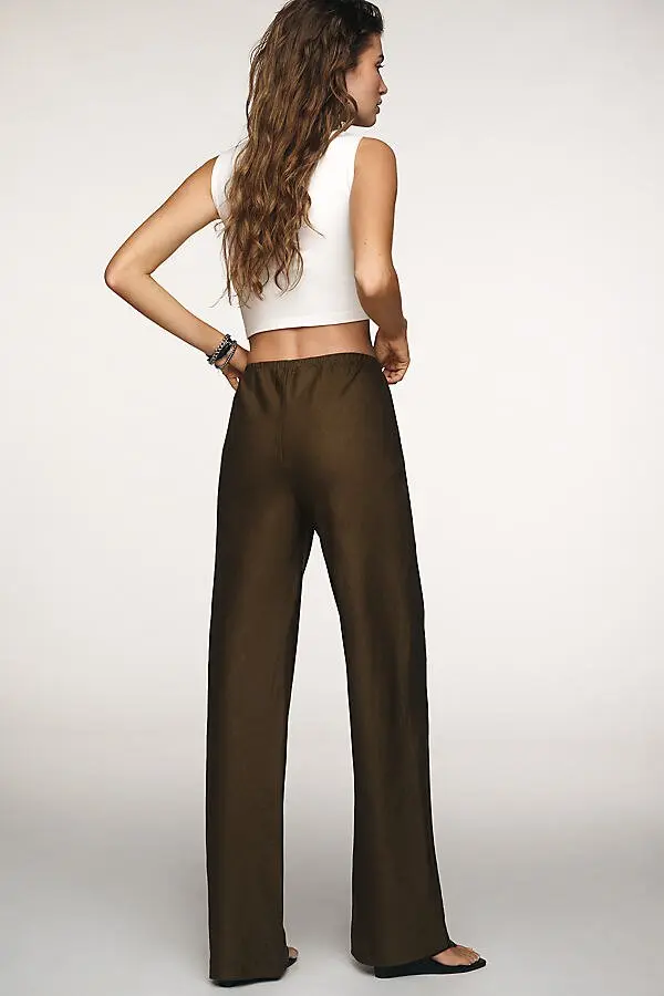 REFORMATION Gale 100% Linen Wide Leg Pants - Olive